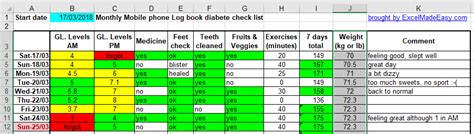 excel diabetes tracking log template by excelmadeeasy
