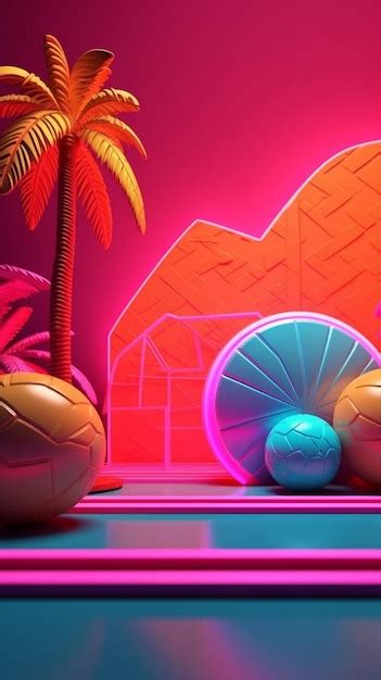 Premium Ai Image Neon Tropical Synthwave Theme 3d Abstract Background