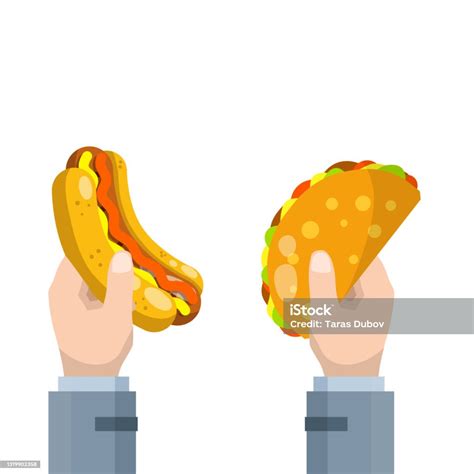 타코와 핫도그 길거리 정크 푸드 스페인어와 미국 식 손 들고 롤빵 소시지와 토르티야 한입과 간식 만화 플랫 일러스트레이션 겨자에 대한 스톡 벡터 아트 및 기타 이미지