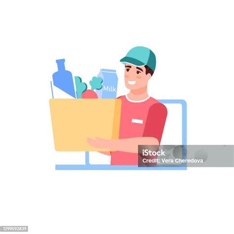 플랫 만화 택배 캐릭터 는 온라인 구매를 수행 주문 배달 서비스 벡터 일러스트 개념 고객에 대한 스톡 벡터 아트 및 기타 이미지 고객 구매 디자인 Istock