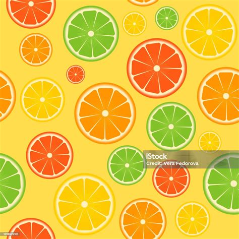 다채로운 감귤류 이음새가 없는 패턴 노란색 배경에 오렌지 라임 레몬 자몽 조각 신선한 육즙이 많은 과일 포장지 직물 섬유 벽지 스크랩북 등을 포장하기위한 벡터 템플릿 오렌지