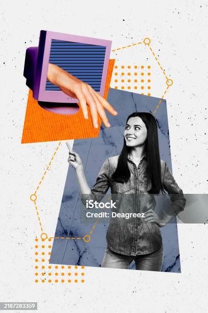 3d 사진 콜라주 템플릿 트렌드 아트 워크 합성 쓸모없는 컴퓨터 모니터 손 나타나 젊은 아가씨 스탠드 손가락 포인트 미소 학생