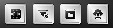 Cpu 필터 설정 브라우저 파일 및 클라우드 컴퓨팅 잠금 아이콘으로 프로세서를 설정합니다 실버 스퀘어 버튼 벡터 Cpu에 대한 스톡 벡터 아트 및 기타 이미지 Istock