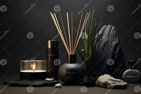 A Tranquil Spa Setting Featuring A Lit Candle And Reed Diffuser With