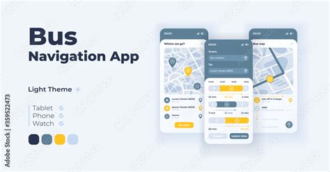Bus Navigation Cartoon Smartphone Interface Vector Templates Set Mobile App Screen Page Light