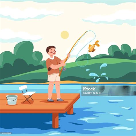Vetores De Criança Pescadora Crianças Pescando No Cais Do Rio Da Lagoa