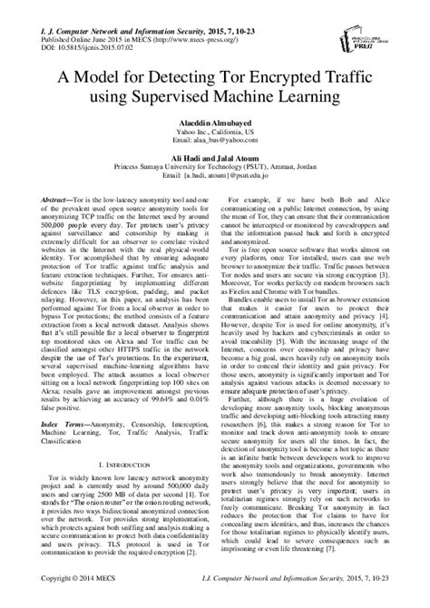 Pdf A Model For Detecting Tor Encrypted Traffic Using Supervised Machine Learning