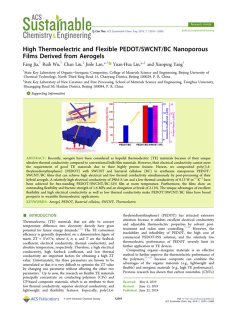 2019 Acs Sustainable Chemistry And Engineering High Thermoelectric And Flexible Pedotswcntbc