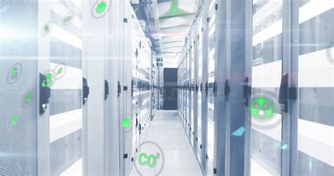 image of icon in circles over moving bars on data server systems in