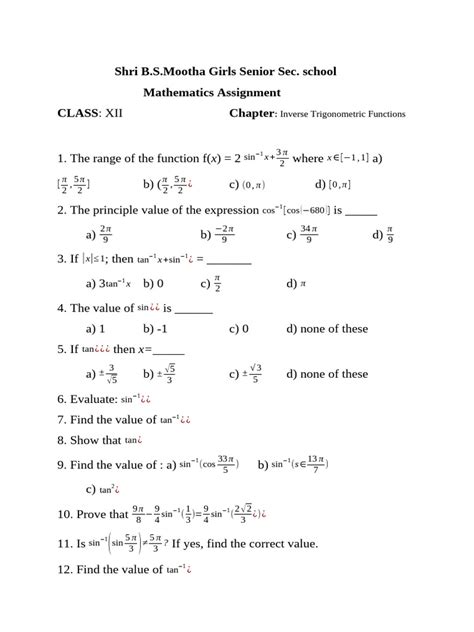 Inverse Trigonometric Functions Assignment Pdf Trigonometric Functions Elementary Mathematics