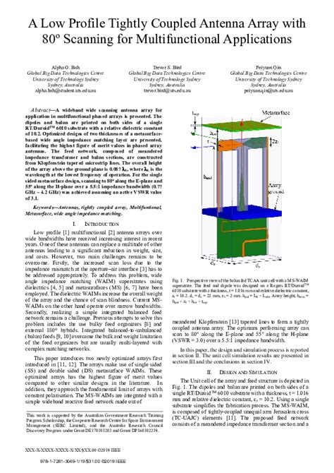 Pdf A Low Profile Tightly Coupled Antenna Array With 80° Scanning For Multifunctional Applications