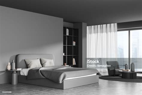 파노라마 창문 안락의자 대형 침대가 있는 어두운 침실 인테리어 0명에 대한 스톡 사진 및 기타 이미지 0명 3차원 형태 가구 Istock