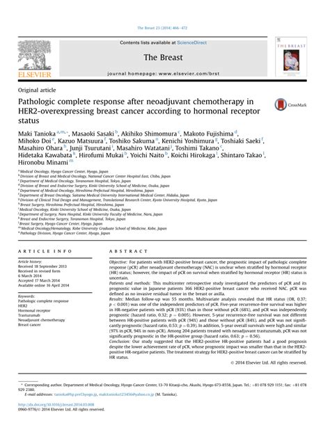 Pdf Pathologic Complete Response After Neoadjuvant Chemotherapy In Her2 Overexpressing Breast