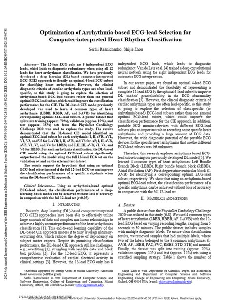 Optimization Of Arrhythmia Based Ecg Lead Selection For Computer