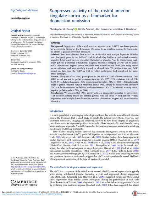 Pdf Suppressed Activity Of The Rostral Anterior Cingulate Cortex As A Biomarker For Depression