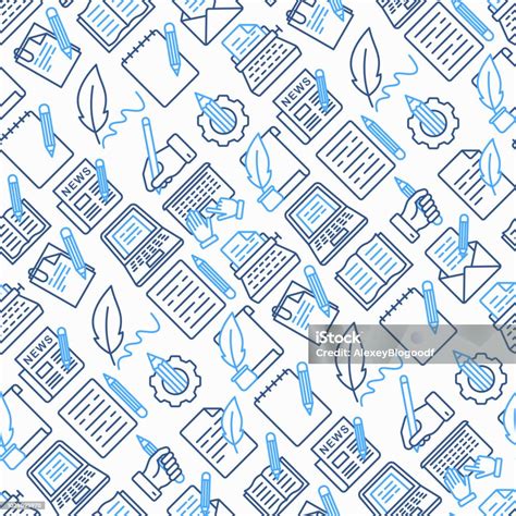 얇은 선 아이콘으로 카피 라이팅 완벽 한 패턴 편지 전자 메일 책 블로그 손으로 펜 깃털 타자기 문서 현 서 현대 벡터