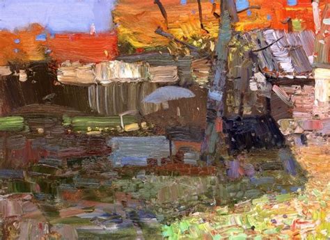 an abstract painting of trees and buildings