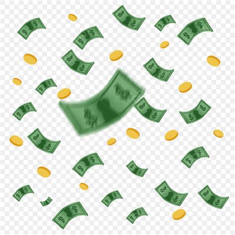 머니 떨어지는 돈과 녹색 및 금색 동전이 투명한 배경에 날아다니는 이미지