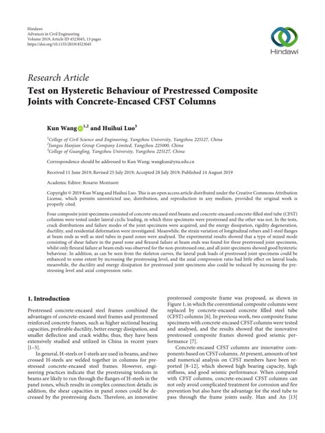 Pdf Test On Hysteretic Behaviour Of Prestressed Composite Joints With