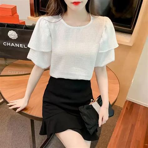 세련된 단색 스플라이스 폴드 퍼프 슬리브 블라우스 여성 의류 캐주얼 풀오버 루즈 오피스 레이디 셔츠 2023 봄 신상