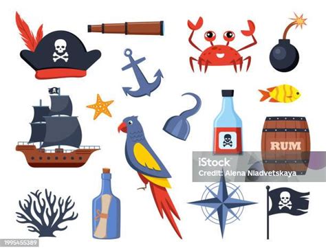 해적 요소 세트 해적 테마 일러스트 배 선장 가슴 지도 앵무새 럼주 대포알 재밌는 해적 파티 아이콘 벡터 일러스트 레이 션입니다 검에 대한 스톡 벡터 아트 및 기타 이미지