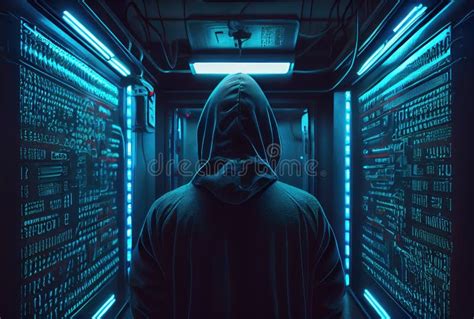 Hacker In The Black Hood In The Server Room Unrecognizable People Technology And Cybersecurity