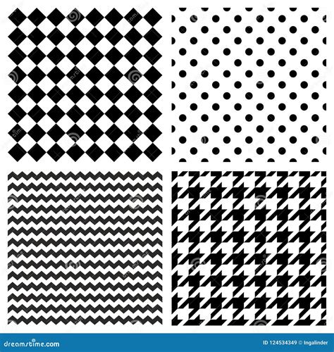 Tile Vector Pattern Set With Black And White Polka Dots Zig Zag Hounds Tooth And Stripes