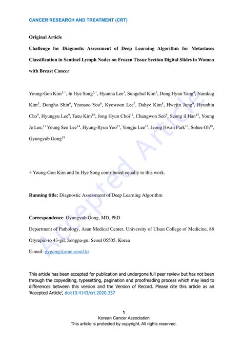 Pdf Challenge For Diagnostic Assessment Of Deep Learning Algorithm For Metastases