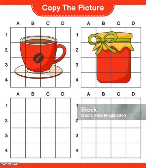 그림을 복사하고 격자선을 사용하여 Jam 및 Coffee Cup의 그림을 복사하십시오 교육 어린이 게임 인쇄 가능한 워크 시트 벡터 일러스트 레이 션 0명에 대한 스톡 벡터