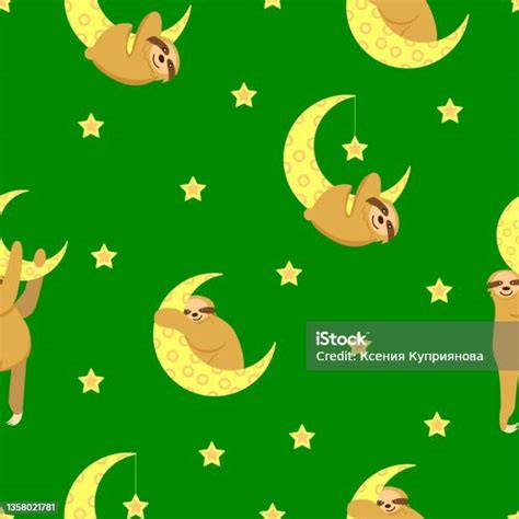 매끄러운 패턴 노란 초승달에 매달려있는 아기 나무늘보 달과 별 녹색 배경입니다 귀엽고 재미있습니다 만화 스타일 안녕히 주무세요 키즈 침실 엽서 벽지 섬유 포장지 갈색에 대한