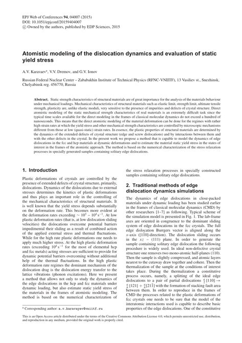 pdf atomistic modeling of the dislocation dynamics and evaluation of