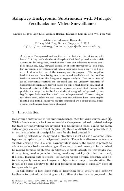 Pdf Adaptive Background Subtraction With Multiple Feedbacks For Video Surveillance