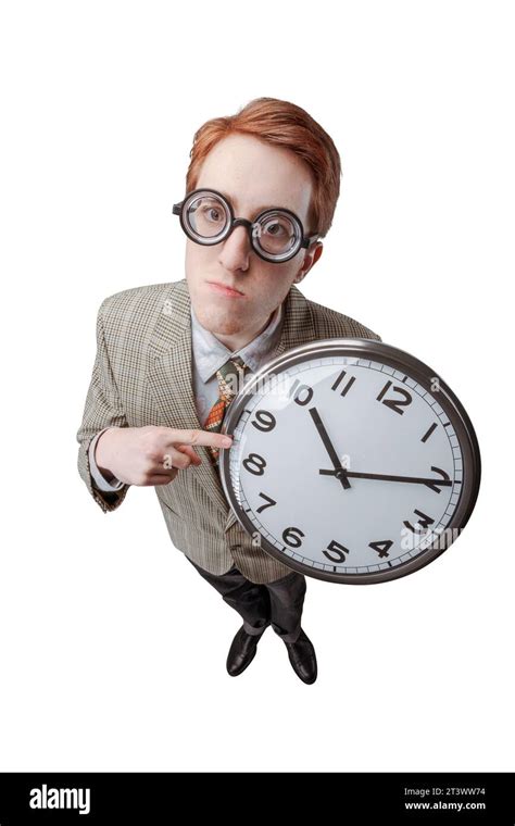 Funny Nerd Guy With Thick Glasses Holding A Clock He Is Angry And Disappointed Deadlines