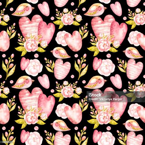 수채화에 그려진 손으로 분홍색 모란과 작은 새와 부드러운 마음 빈티지 스타일 세인트 발렌타인 데이와 웨딩 디자인에 대한 사랑 세트 격리된 흰색 배경입니다 매끄러운 패턴 1