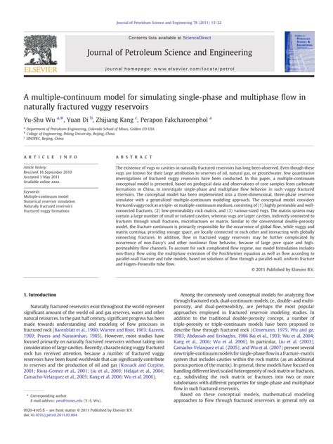 Pdf A Multiple Continuum Approach For Modeling Multiphase Flow In Naturally Fractured Vuggy