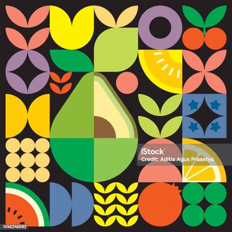 기하학적 여름 신선한 과일 컷 작품 포스터 화려한 간단한 모양 스칸디나비아 스타일의 플랫 추상 벡터 패턴 디자인 검은 배경에 아보카도의 미니멀리스트 그림 음식에 대한 스톡