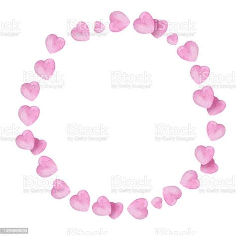 발렌타인 데이 테마에 하트를 가진 수채화 라운드 프레임 화환 분홍색 라일락 색 테두리를 흰색 배경에 손으로 그립니다 0명에 대한