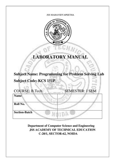 Lab Manual Pps Jss Mahavidyapeetha Laboratory Manual Subject Name Programming For Problem