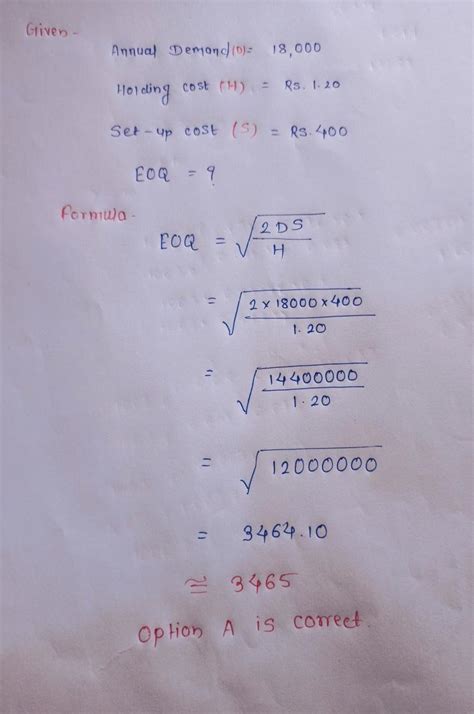 When Annual Demand Holding Cost Rs Set Up Cost Rs