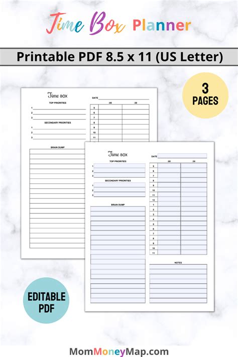 Time Box Planner Printable Pdf Mom Money Map