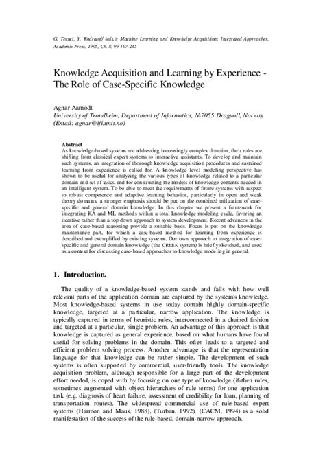 Pdf Knowledge Acquisition And Learning By Experience The Role Of Case