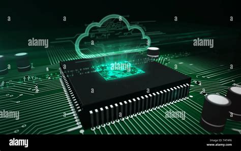 Cyber Security Concept With Cloud Hologram Over Working Cpu In