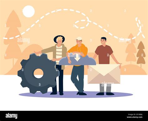 Young Men With Technology Objects Envelope Gear And Cloud Computing Vector Illustration Stock