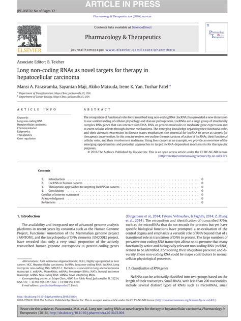 Pdf Long Non Coding Rnas As Novel Targets For Therapy In
