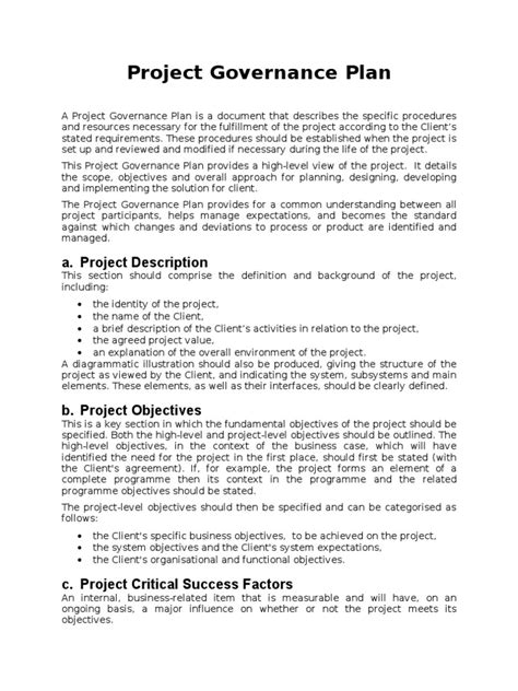 Governance Plan Template Project Management Plan Templates Pmbok