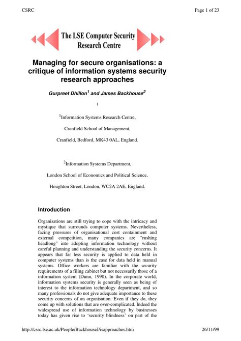 Pdf Managing For Secure Organisations A Critique Of Information Systems Security Research