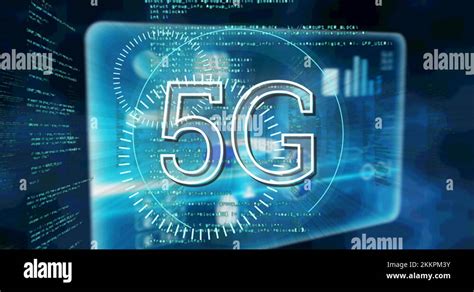 animation of 5g text scope scanning and data processing on screens