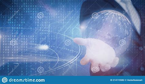 Composition Of Binary Coding And Network Of Digital Icons Forming Globe Over Hand Of Businessman