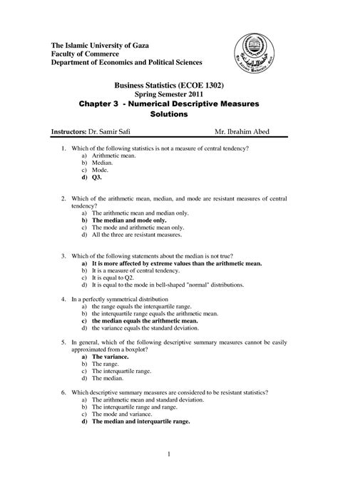 Chapter 3 Numerical Descriptive Measures Solutions The Islamic University Of Gaza Faculty Of