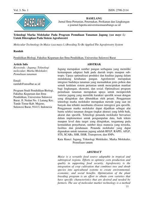 Pdf Molecular Technology In Maize Zea Mays L Breeding To Be Applied The Agroforestry System